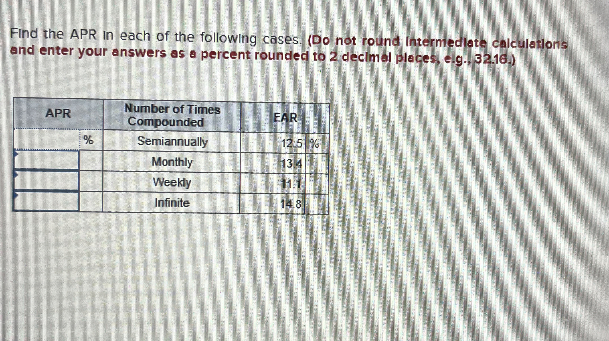 Solved Find the APR in each of the following cases. (Do not | Chegg.com