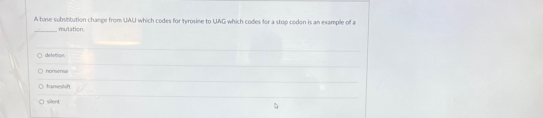Solved A base substitution change from UAU which codes for | Chegg.com