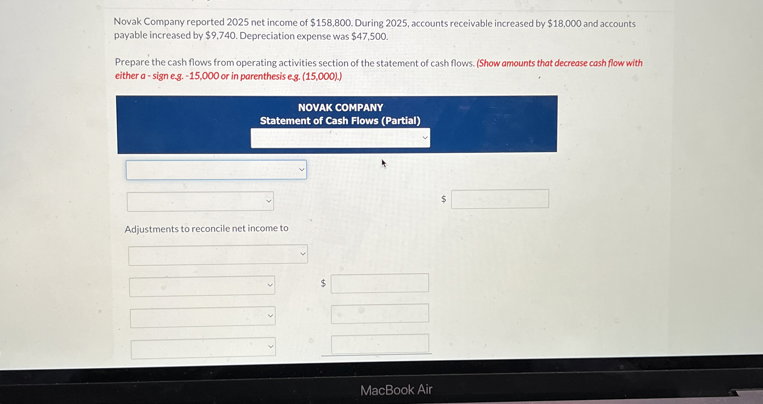 Solved Novak Company reported 2025 ﻿net income of $158,800. | Chegg.com