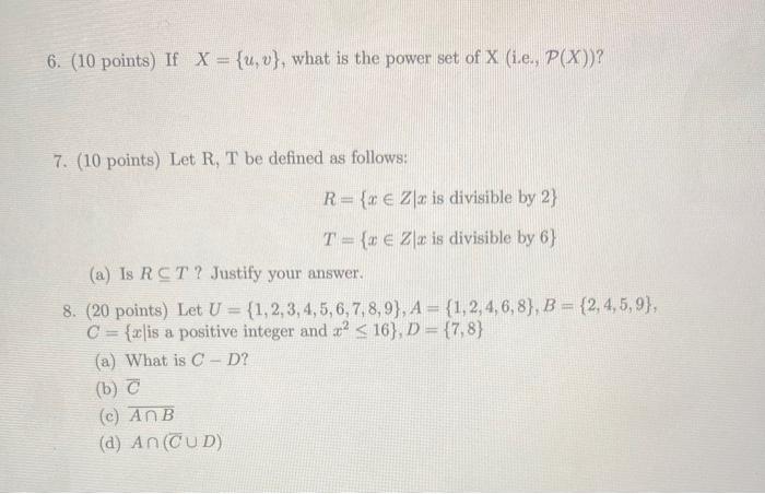 Solved 6. (10 points) If X={u,v}, what is the power set of X | Chegg.com