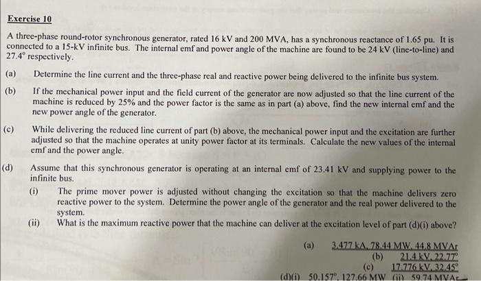 Solved () Exercise 10 A three-phase round-rotor synchronous | Chegg.com
