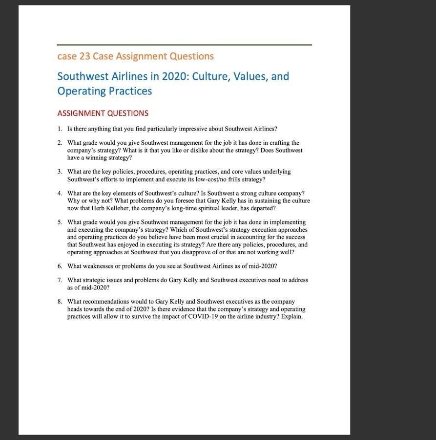 case 23 Case Assignment Questions Southwest Airlines | Chegg.com