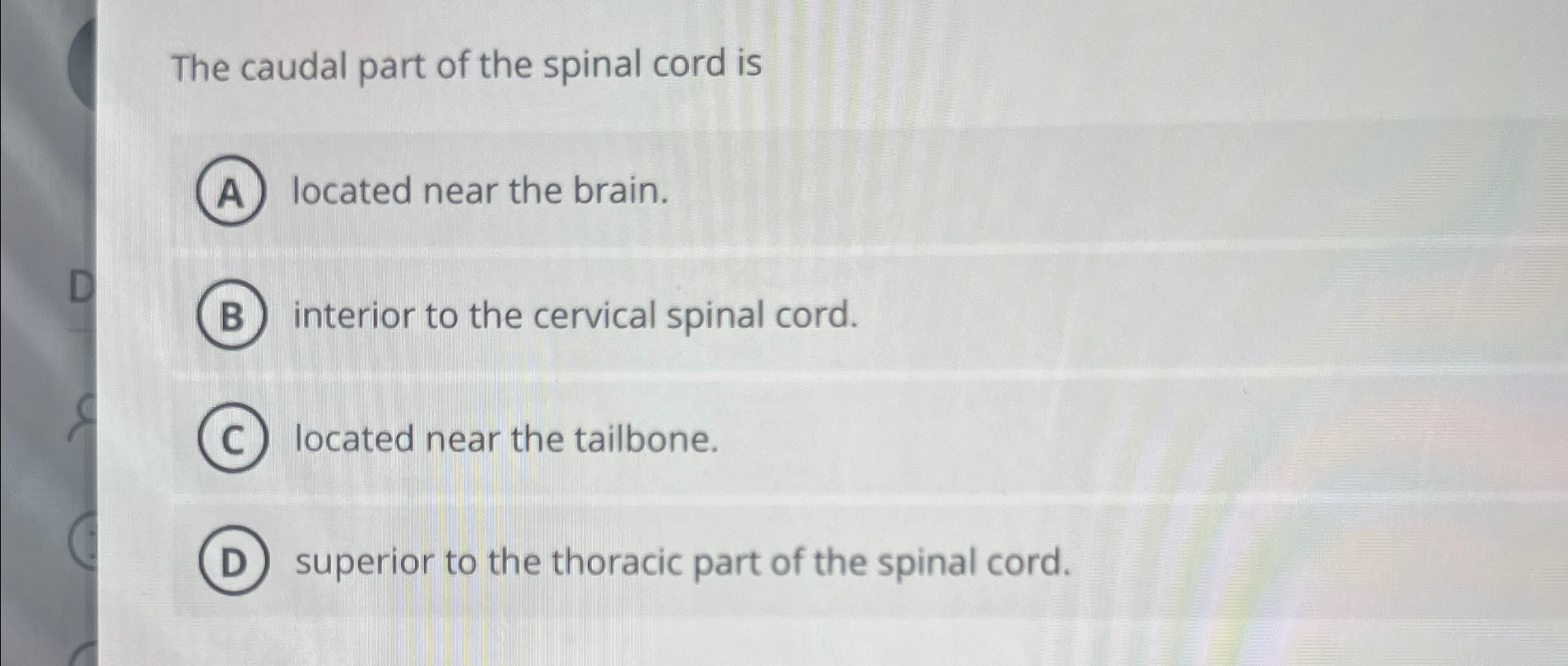 Solved The caudal part of the spinal cord islocated near the | Chegg.com