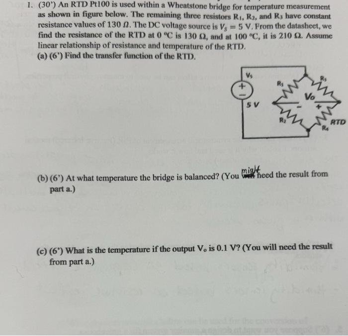 Solved (30') An RTD Pt100 is used within a Wheatstone bridge | Chegg.com