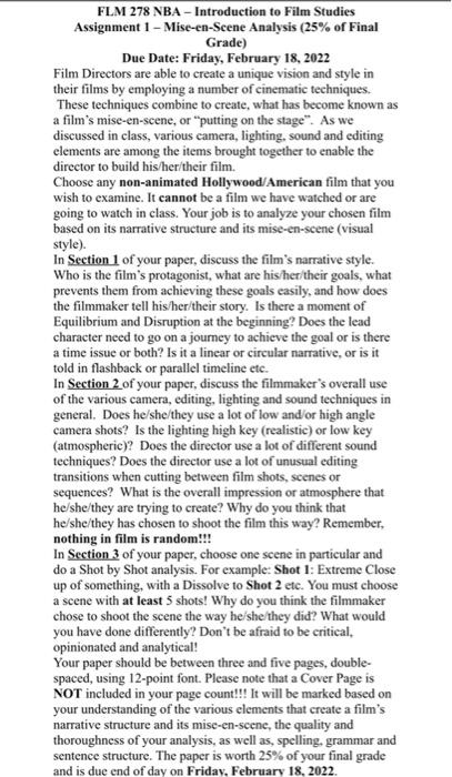 FLM 278 NBA - Introduction to Film Studies Assignment | Chegg.com