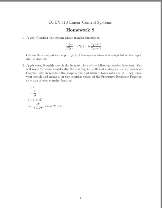 Solved ECEN.410 Linear Control Systems Homework 9 1. (4 pts) | Chegg.com