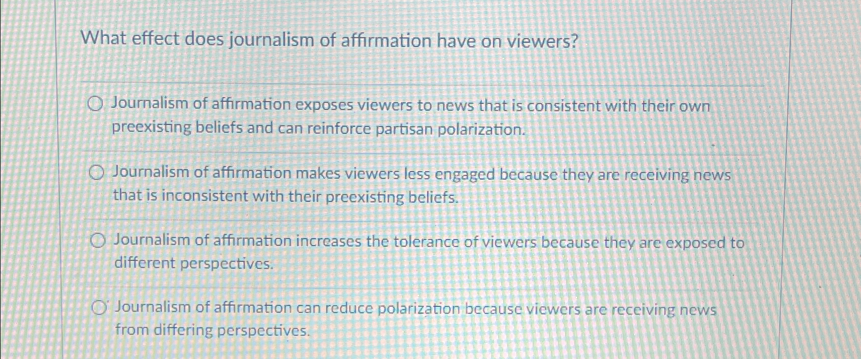 Solved What effect does journalism of affirmation have on | Chegg.com