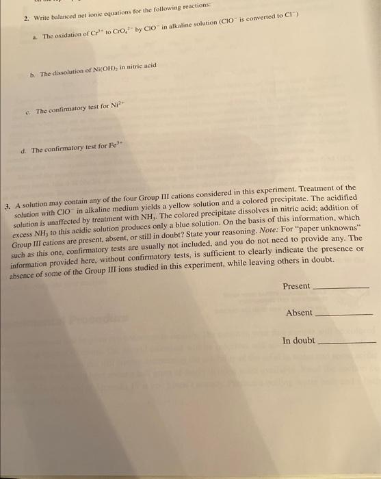 Solved 2. Write balanced net ionic equations for the | Chegg.com