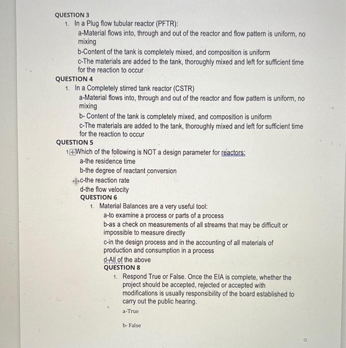 Solved QUESTION 3 1. In a Plug flow tubular reactor (PFTR): | Chegg.com