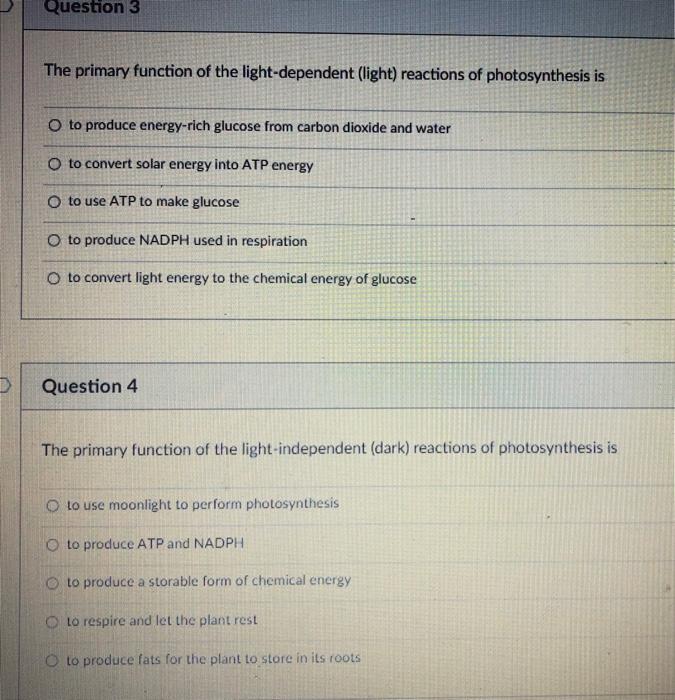 Solved The primary function of the light-dependent (light) | Chegg.com