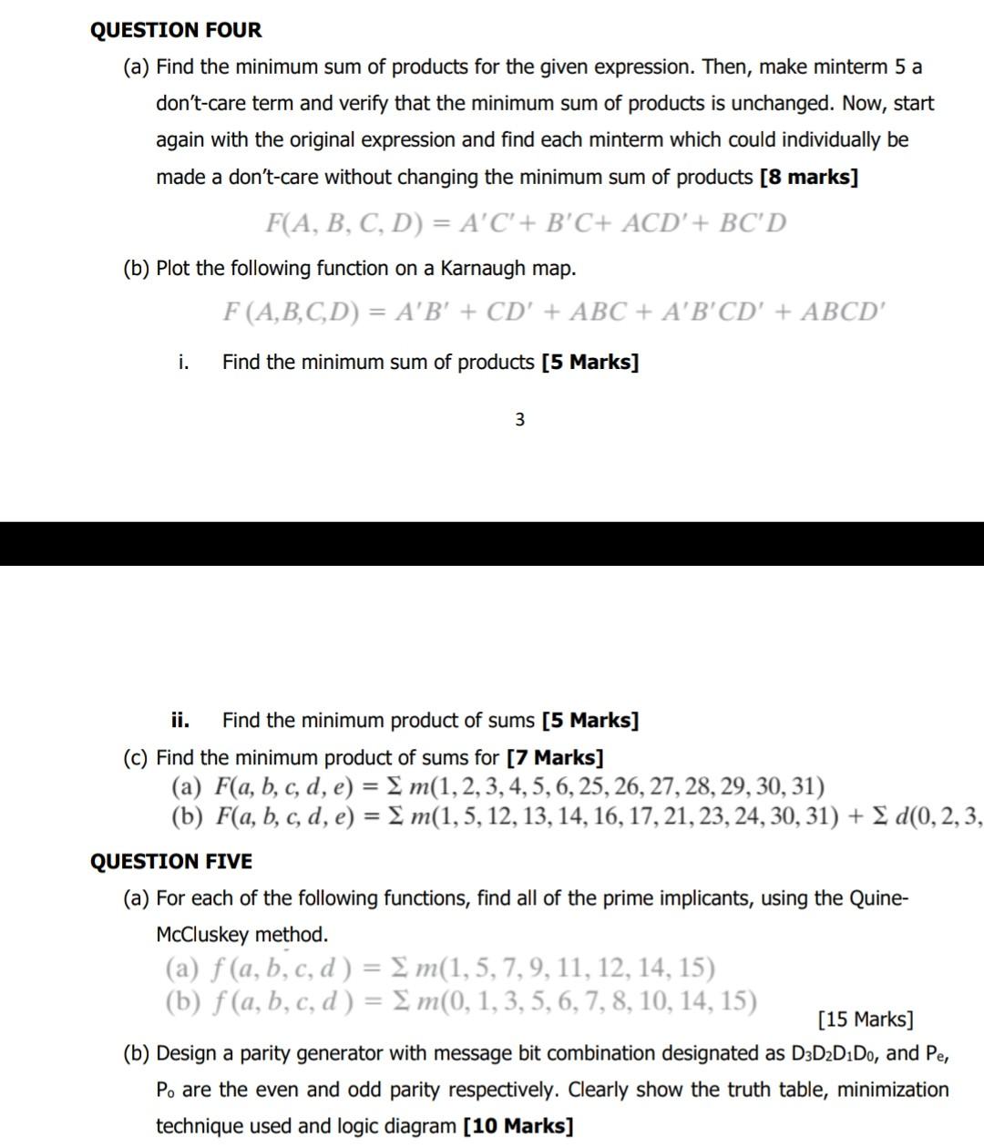 Solved QUESTION FOUR (a) Find the minimum sum of products | Chegg.com