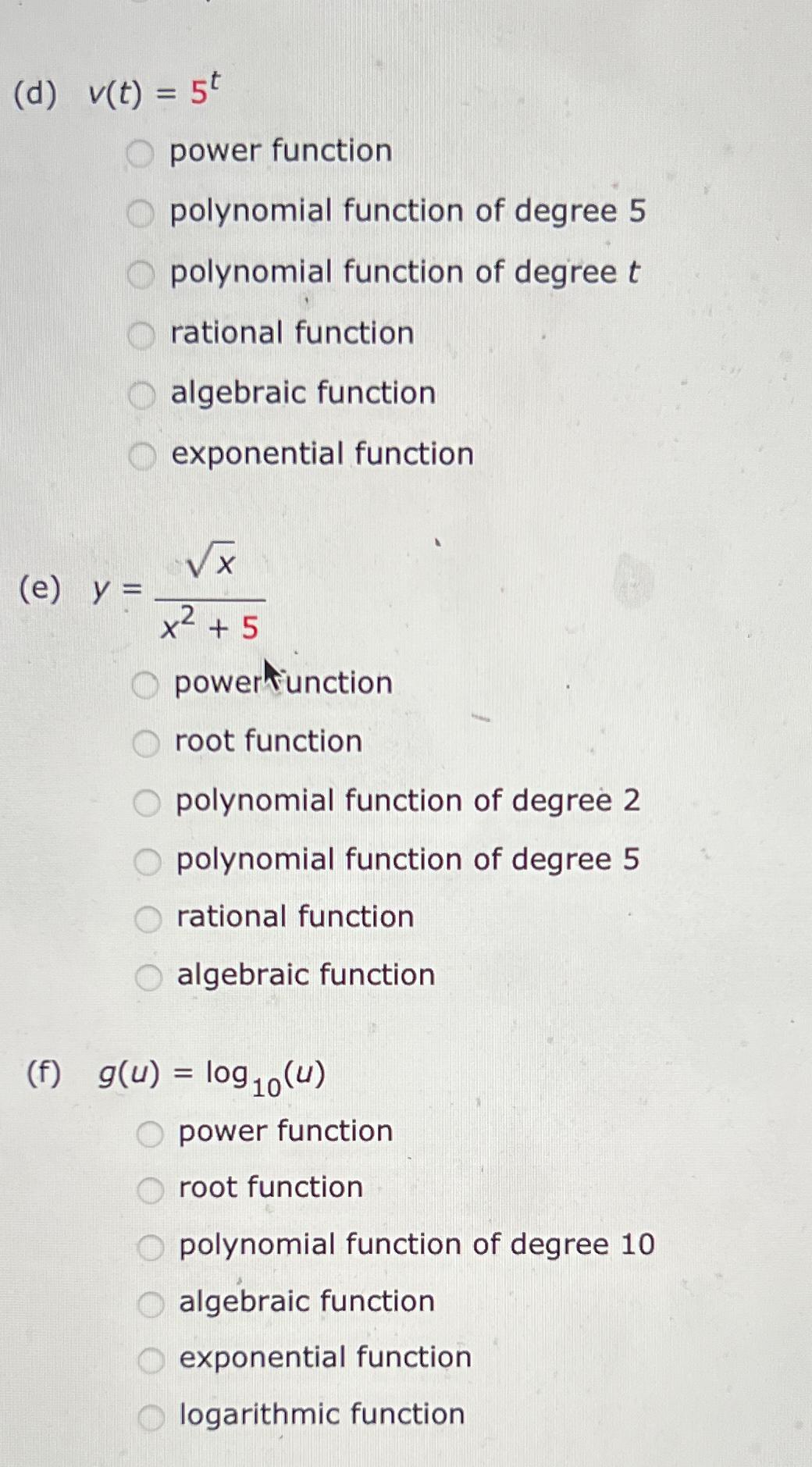 Solved (d) v(t)=5tpower functionpolynomial function of | Chegg.com