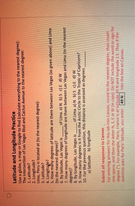 Solved Latitude and Longitude Practice Use a globe, a map or | Chegg.com
