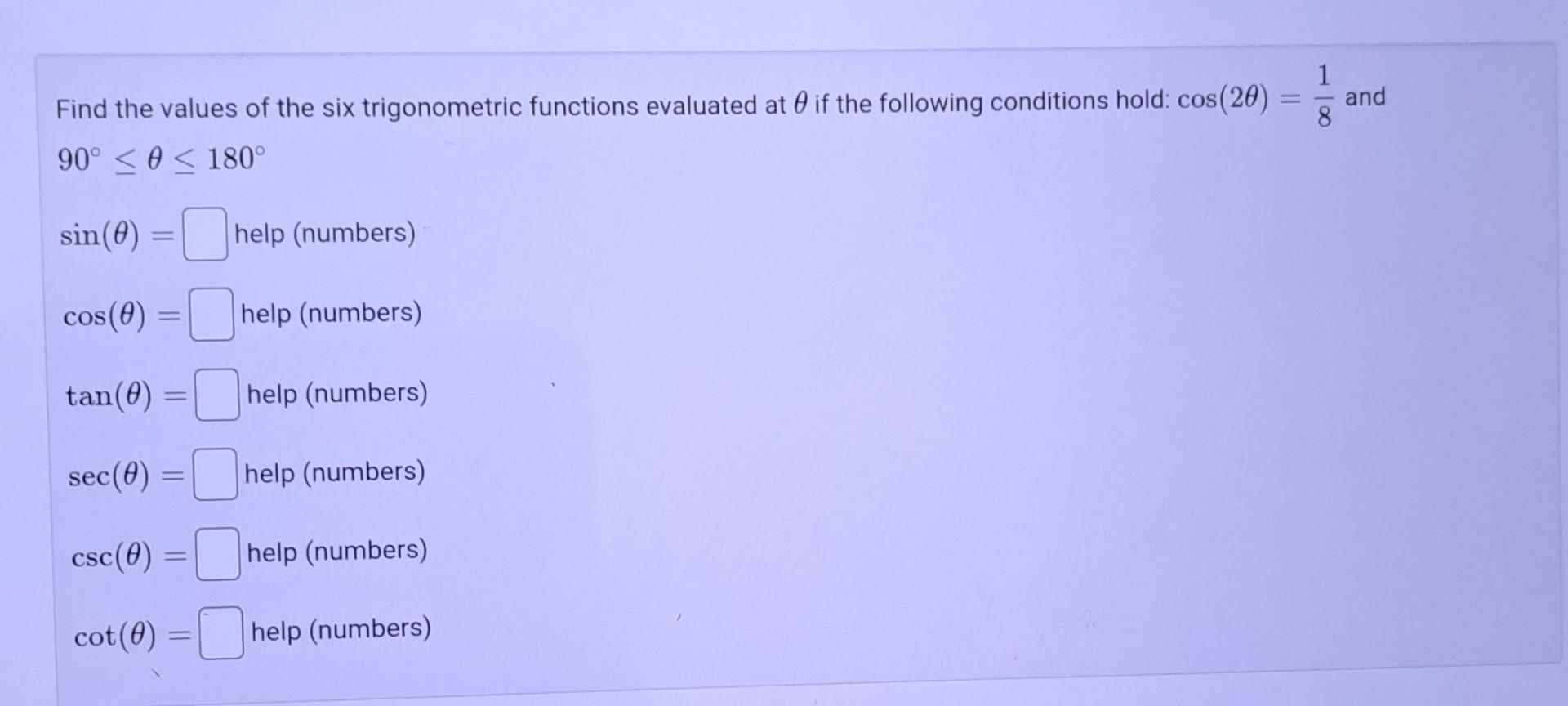 Solved Find the values of the six trigonometric functions | Chegg.com