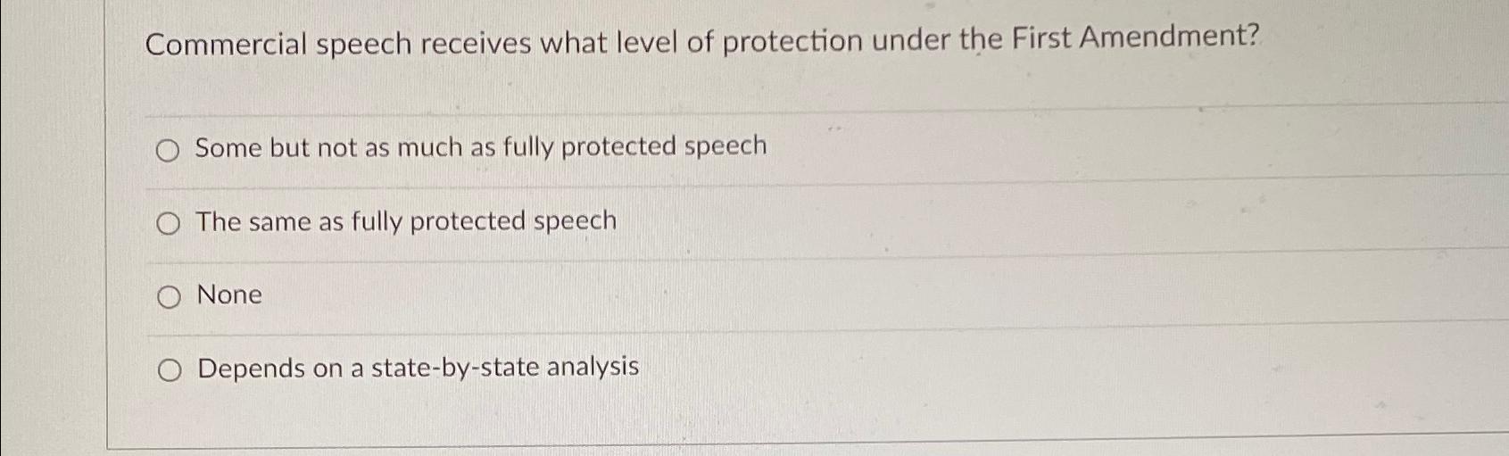 Solved Commercial speech receives what level of protection | Chegg.com
