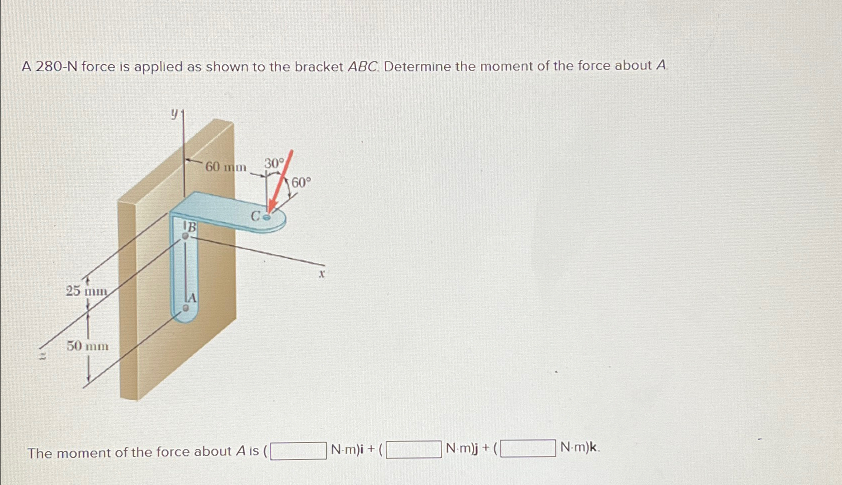 Solved A 280-N force is applied as shown to the bracket ABC. | Chegg.com