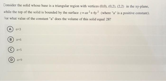 Solved Consider the solid whose base is a triangular region | Chegg.com