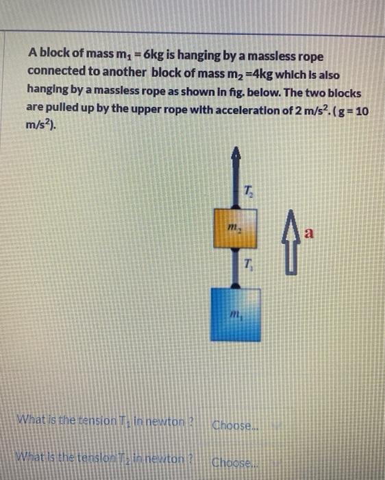 Solved A block of mass m2 = 6kg is hanging by a massless | Chegg.com