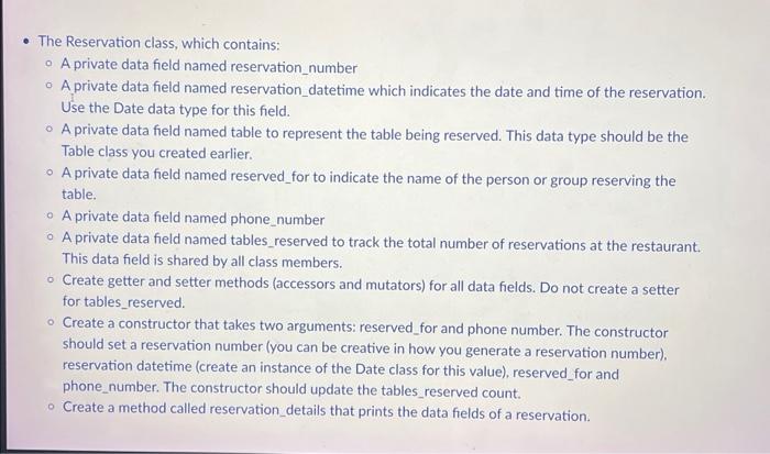 Solved The Reservation class, which contains: A private data | Chegg.com