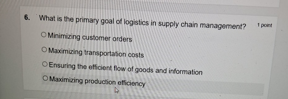 Solved What is the primary goal of logistics in supply chain | Chegg.com