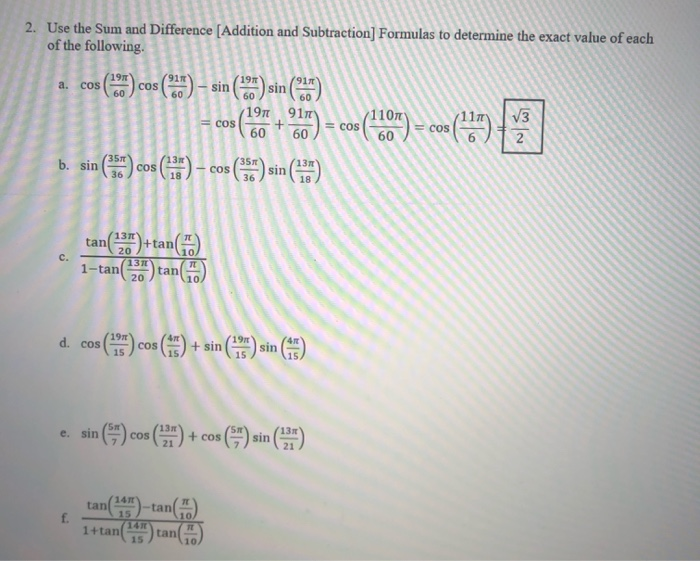 Solved Use the Sum and Difference (Addition and Subtraction) | Chegg.com