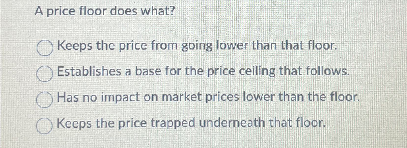 Solved A price floor does what?Keeps the price from going | Chegg.com