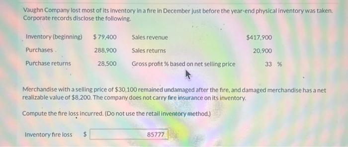 Solved Vaughn Company lost most of its inventory in a fire | Chegg.com