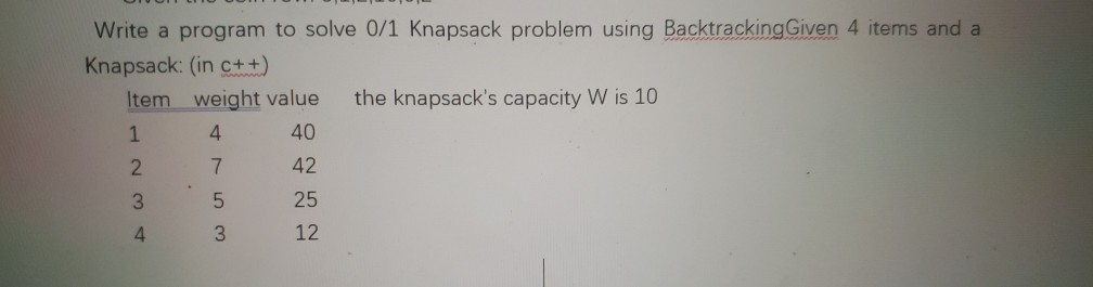 Solved Write a program to solve 0/1 Knapsack problem using | Chegg.com