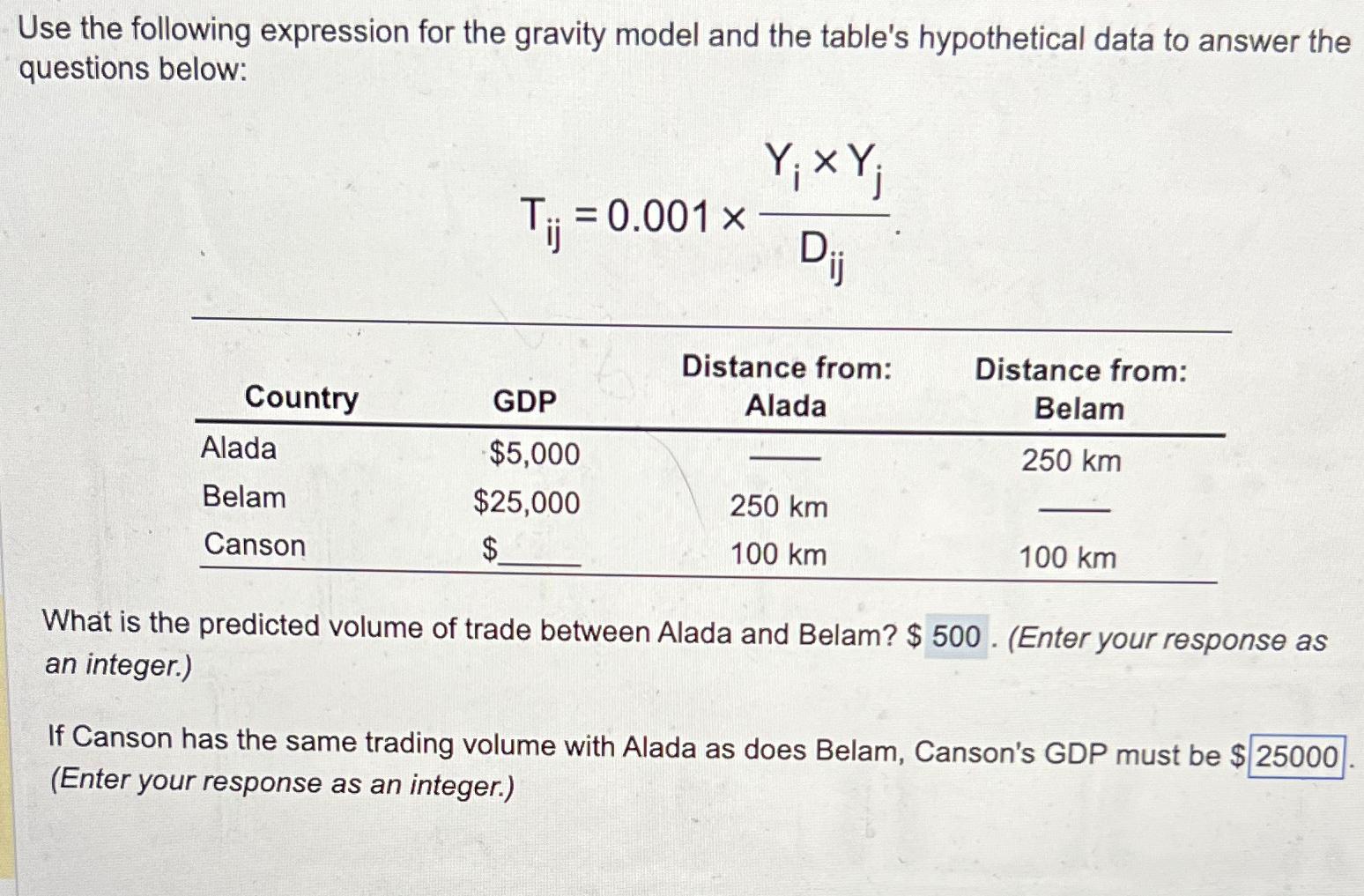 Solved Use the following expression for the gravity model | Chegg.com