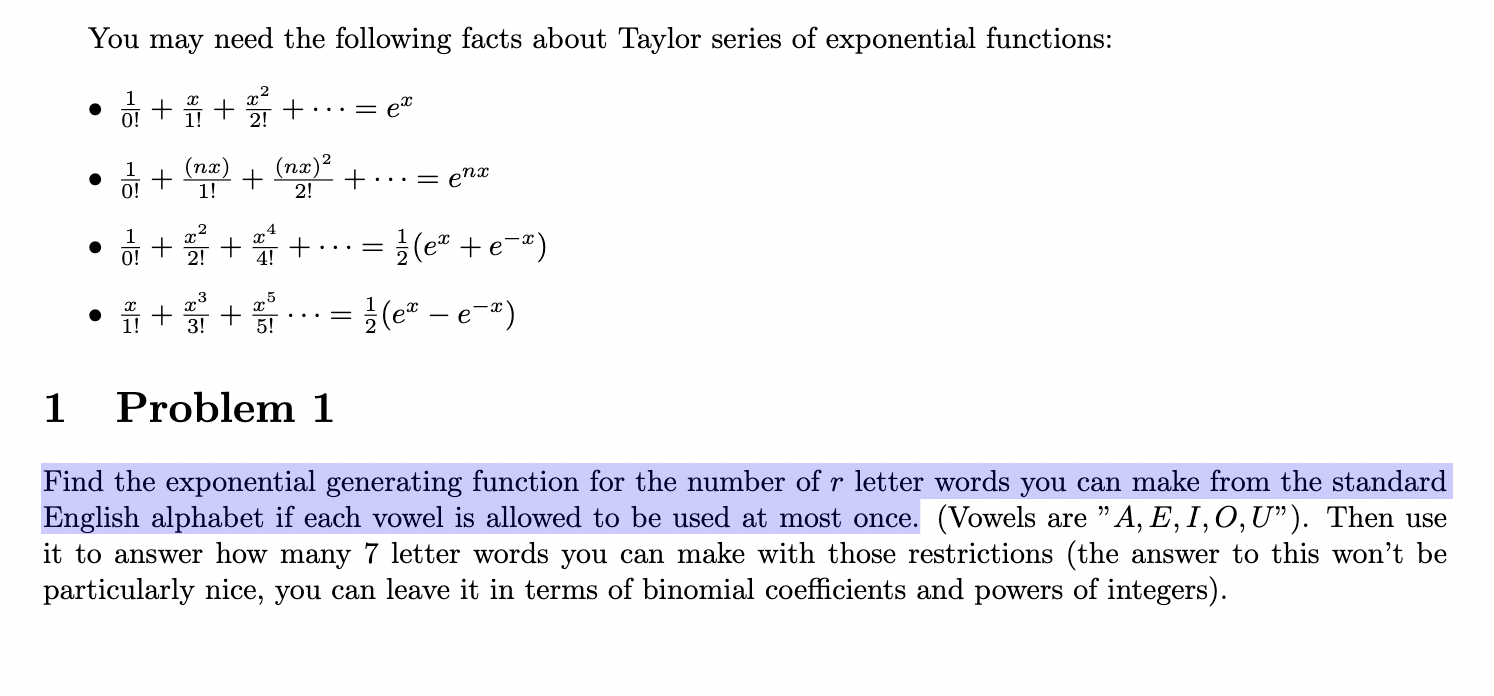 Solved 1 problem 1find The Exponential Generating Function
