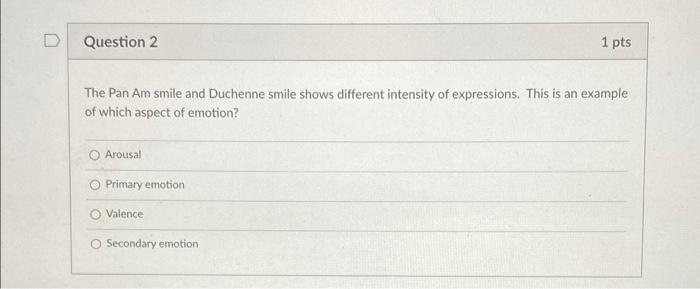 Solved Question 2 1 pts The Pan Am smile and Duchenne smile | Chegg.com