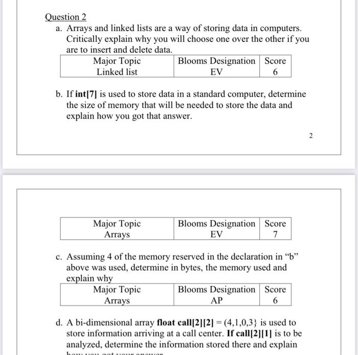 Solved Question 2 a. Arrays and linked lists are a way of | Chegg.com