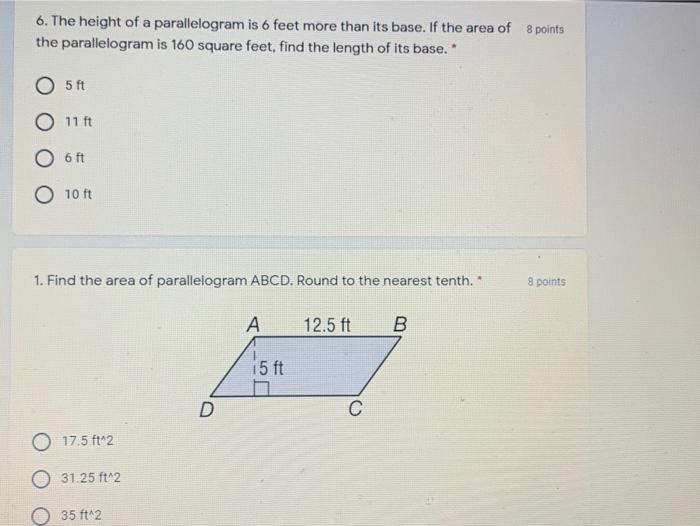 Solved 6. The height of a parallelogram is 6 feet more than | Chegg.com