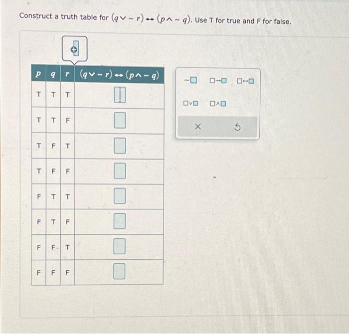 Solved Construct a truth table for (q∨∼r)↔(p∧∼q). Use T for | Chegg.com