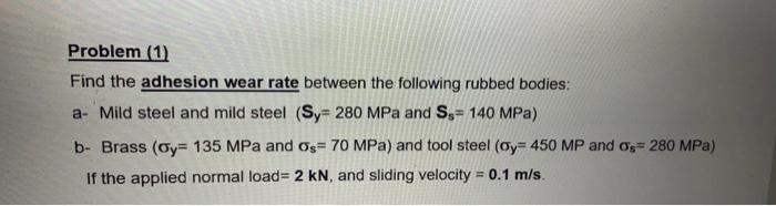 Solved Problem (1) Find the adhesion wear rate between the | Chegg.com