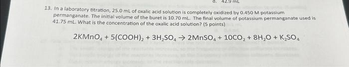 Solved 3. In a laboratory titration, 25.0 mL of oxalic acid | Chegg.com