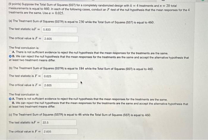 Solved (9 points) Suppose the Total Sum of Squares (SST) for | Chegg.com
