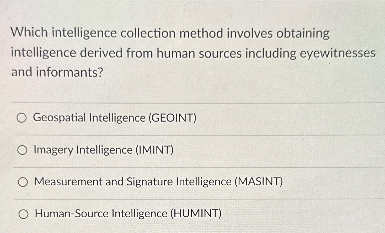 Solved Which intelligence collection method involves | Chegg.com