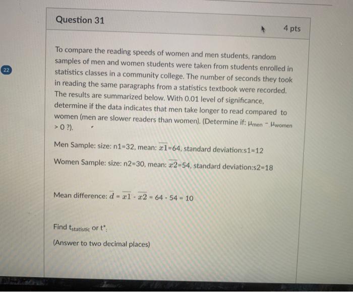 Solved Question 31 To compare the reading speeds of women | Chegg.com