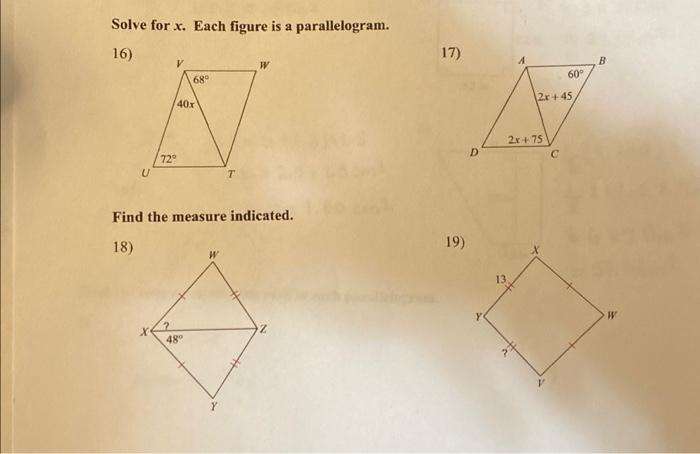 Solved Solve for x. Each figure is a parallelogram. 16 17 | Chegg.com