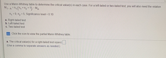 Solved Use a Mann-Whitney table to determine the critical | Chegg.com