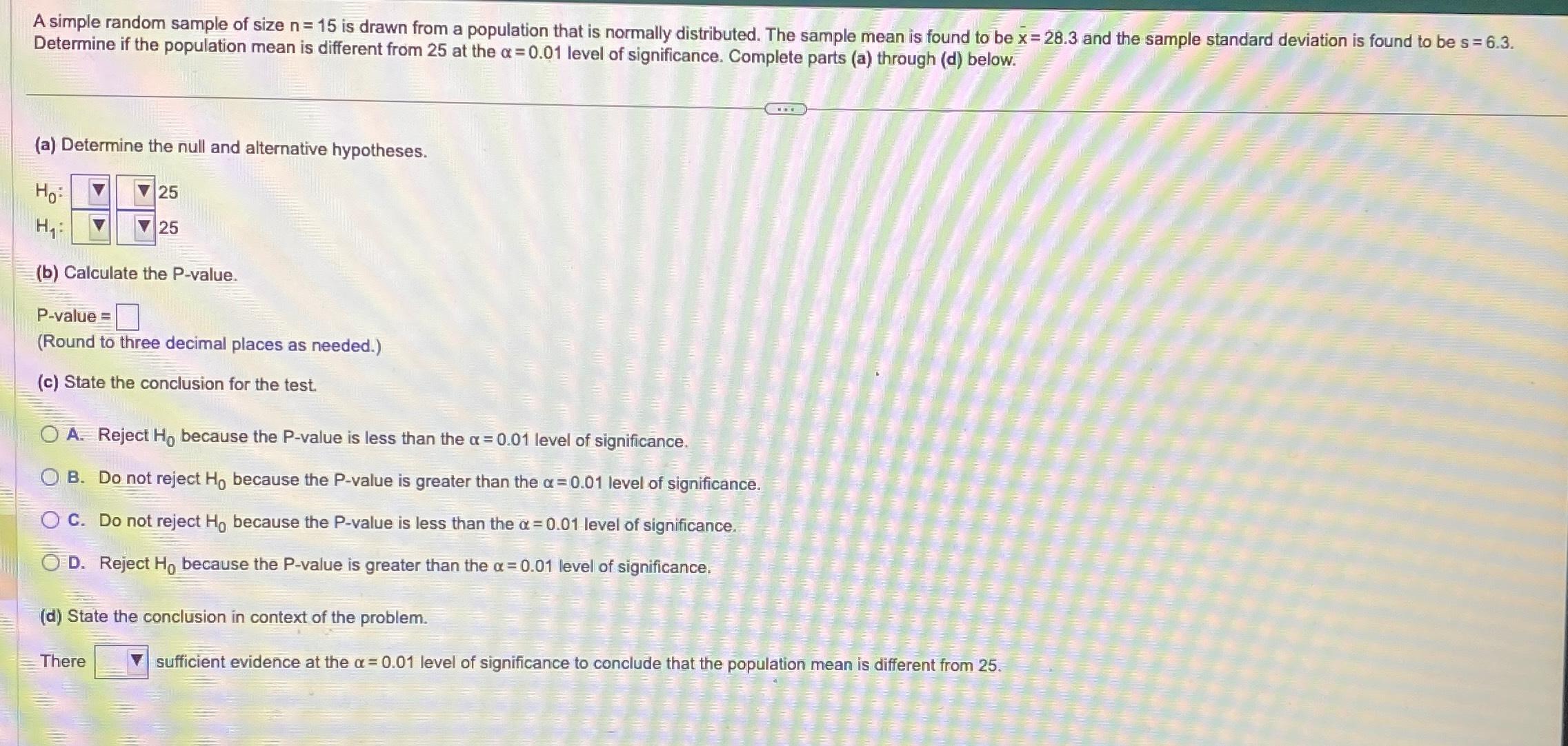 Solved A simple random sample of size n=15 ﻿is drawn from a | Chegg.com