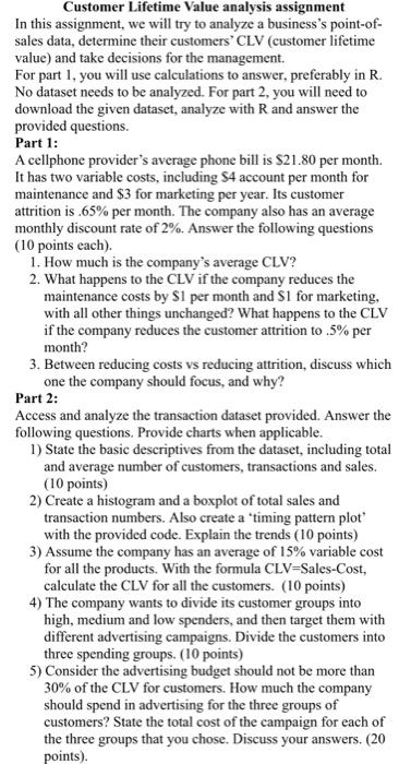 Solved Customer Lifetime Value analysis assignment In this | Chegg.com