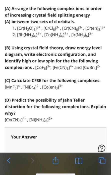Solved (A) Arrange the following complex ions in order of | Chegg.com