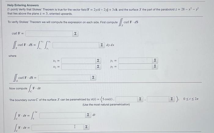 Solved Help Entering Answers (1 point) Verify that Stokes' | Chegg.com