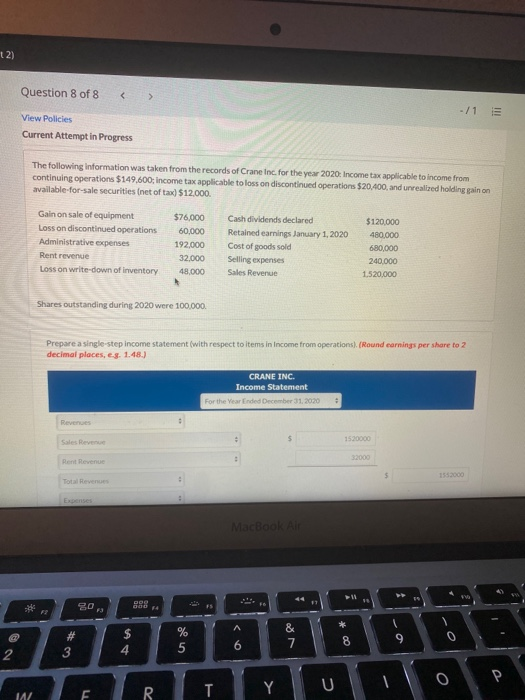Solved 12) Question 8 of 8 -/1 View Policies Current Attempt | Chegg.com