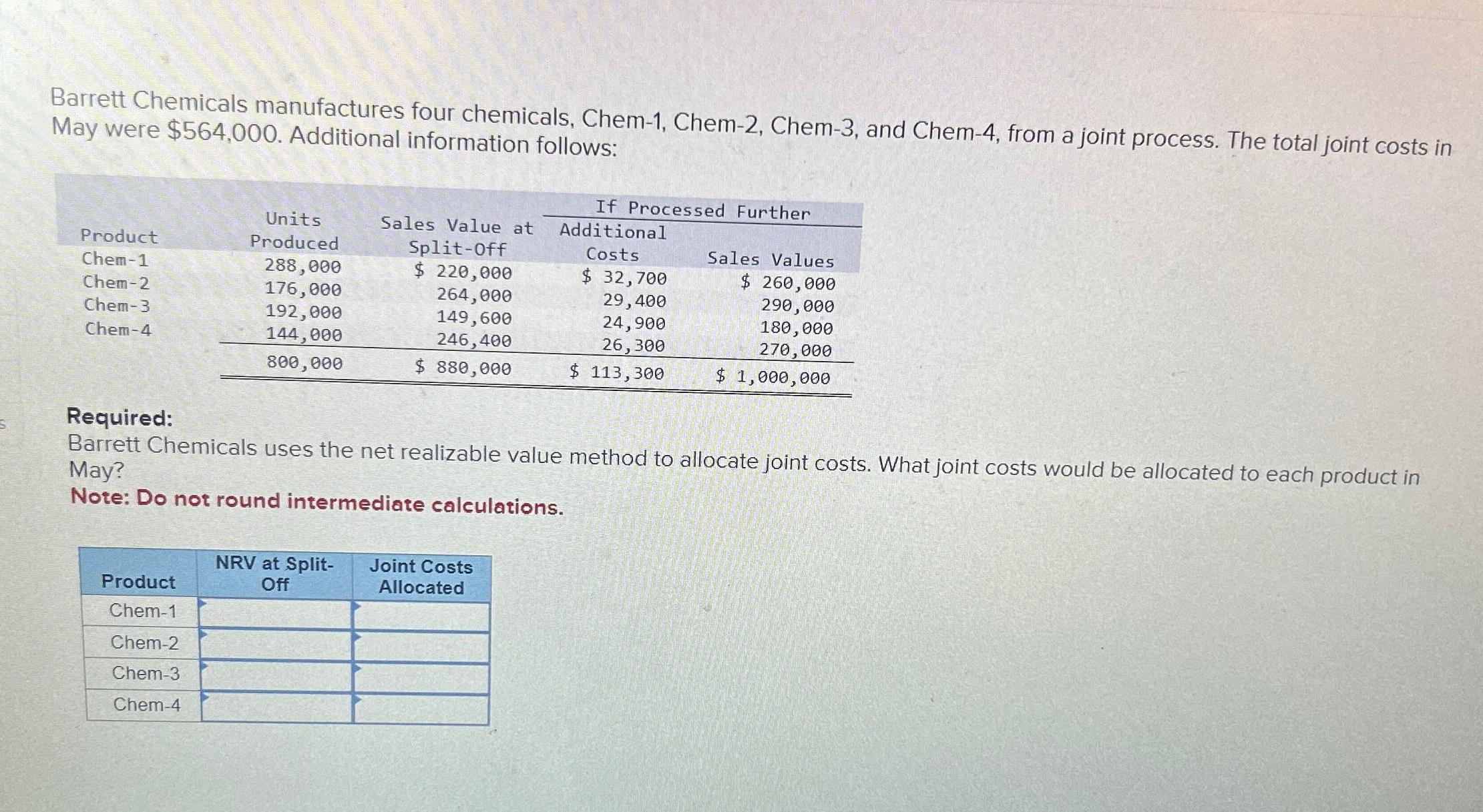 Solved Barrett Chemicals manufactures four chemicals, | Chegg.com
