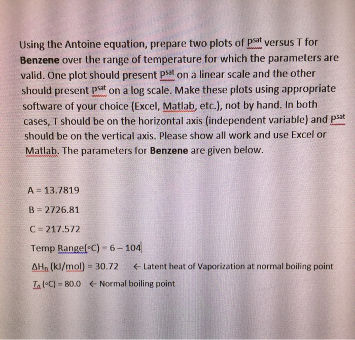 Solved Using the Antoine equation, prepare two plots of Psat | Chegg.com