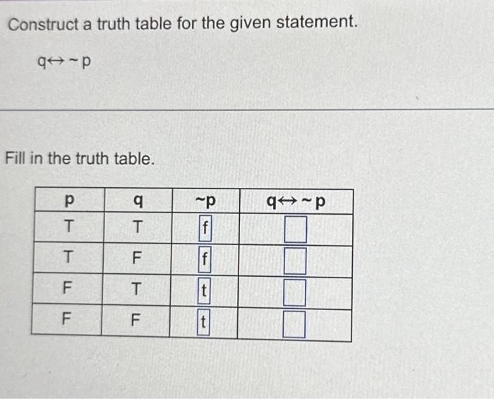 Solved Construct a truth table for the given statement. q1-p | Chegg.com