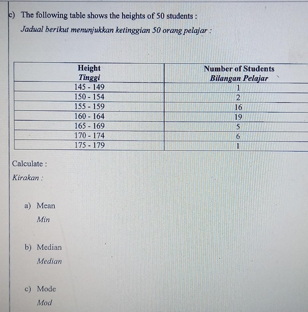 Solved c) The following table shows the heights of 50 | Chegg.com